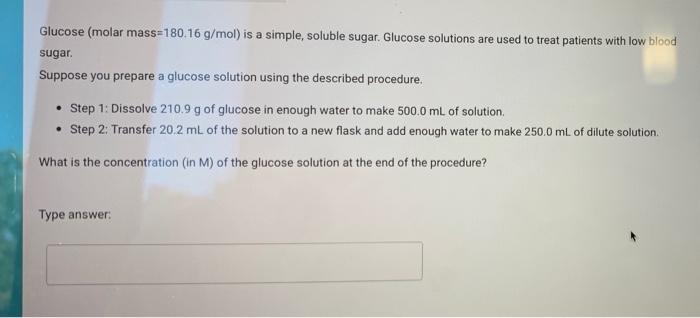 Solved Glucose (molar mass=180.16 g/mol) is a simple, | Chegg.com