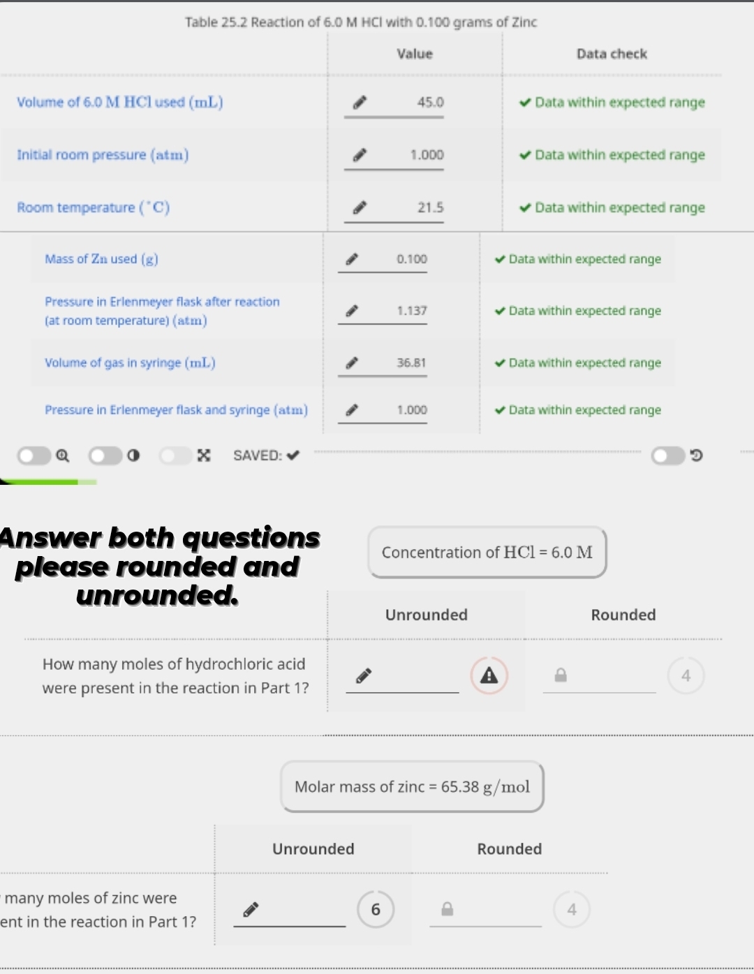 Solved Table 25.2 ﻿Reaction of 6.0MHCl ﻿with 0.100 ﻿grams of | Chegg.com