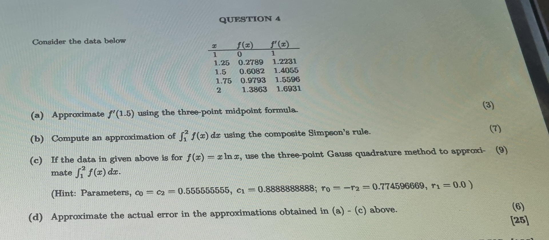 QUESTION 4Consider the date below\table[[x,f(x),f'(x) | Chegg.com