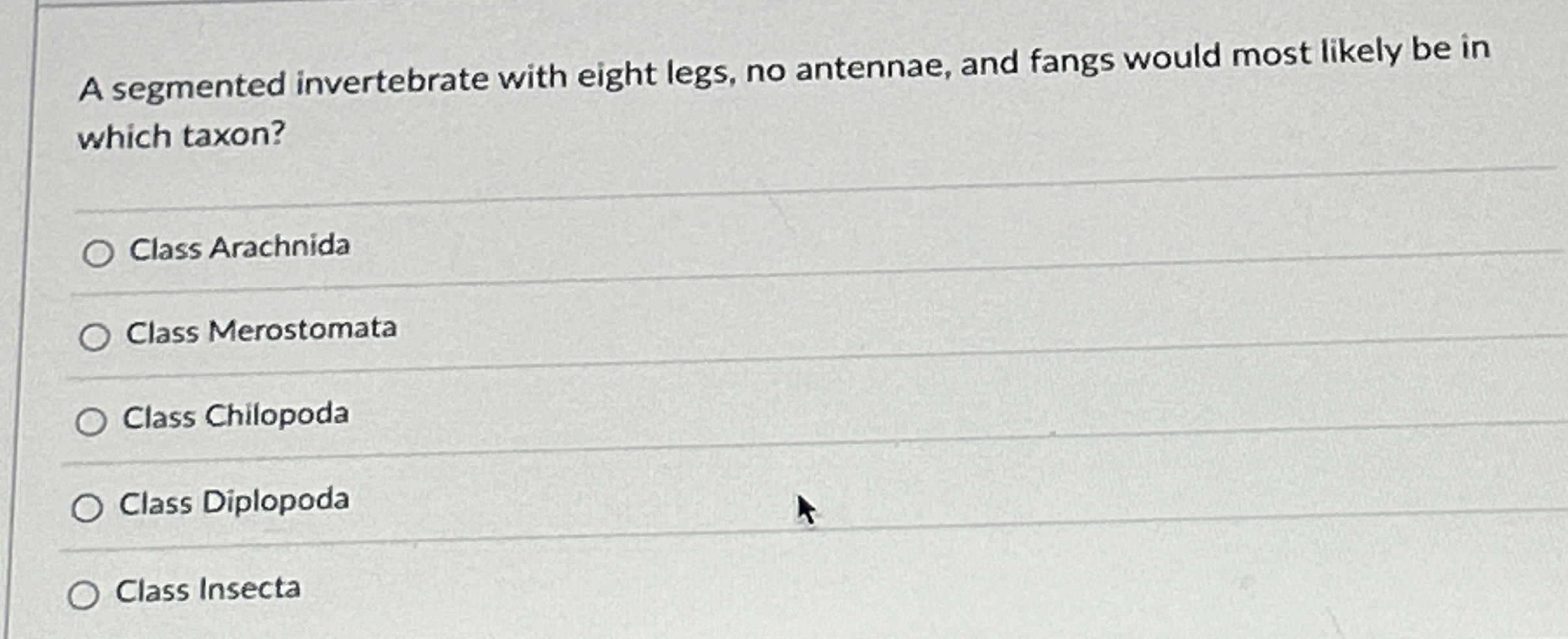 Solved A segmented invertebrate with eight legs, no | Chegg.com