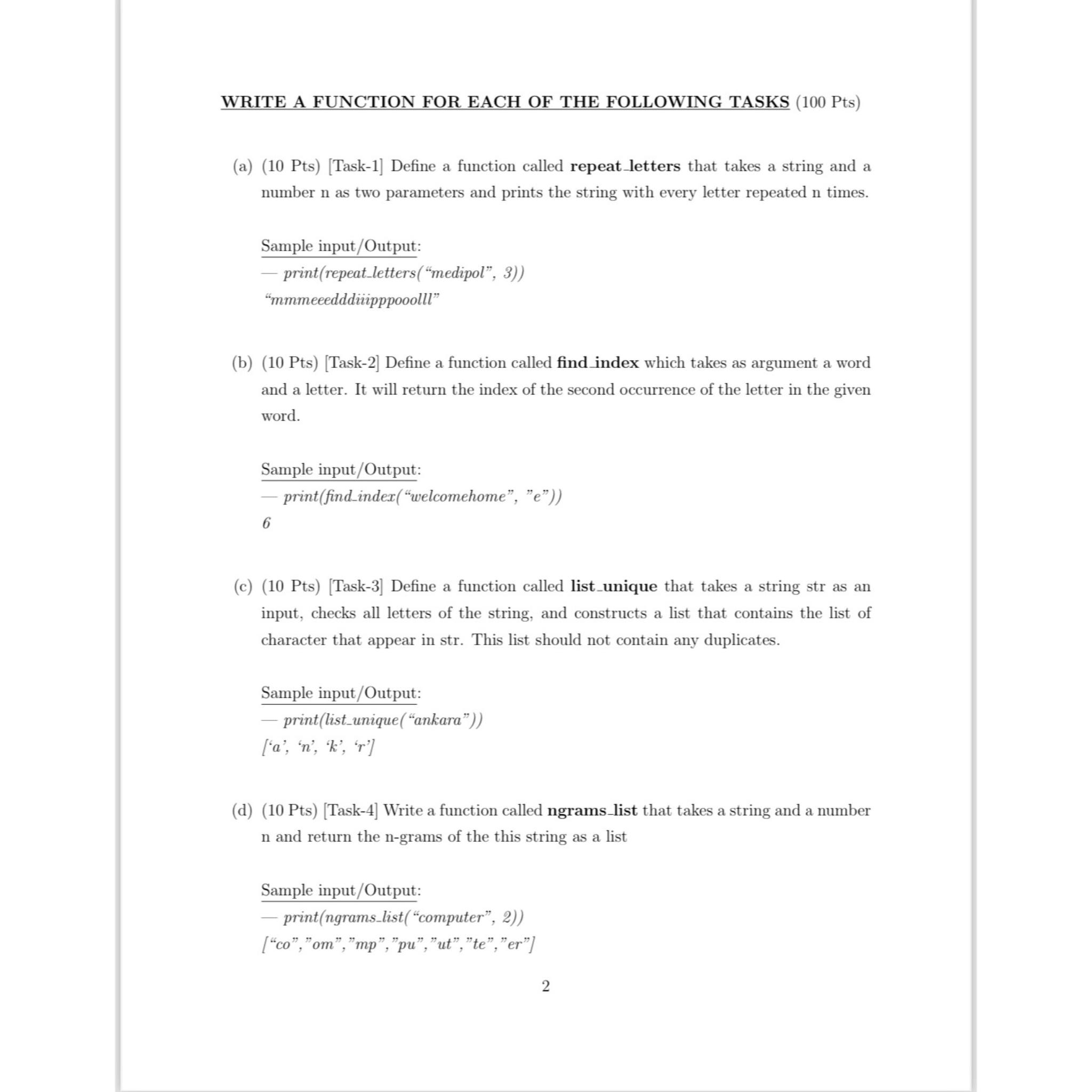 Solved WRITE A FUNCTION FOR EACH OF THE FOLLOWING TASKS (100 | Chegg.com