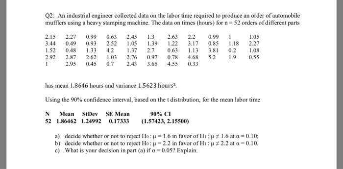 Solved Q2: An industrial engineer collected data on the | Chegg.com