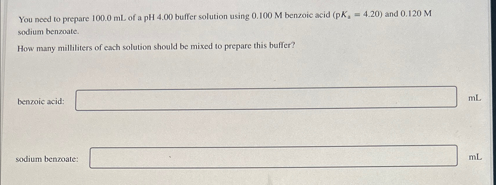 Solved You need to prepare 100.0mL ﻿of a pH 4.00 ﻿buffer | Chegg.com