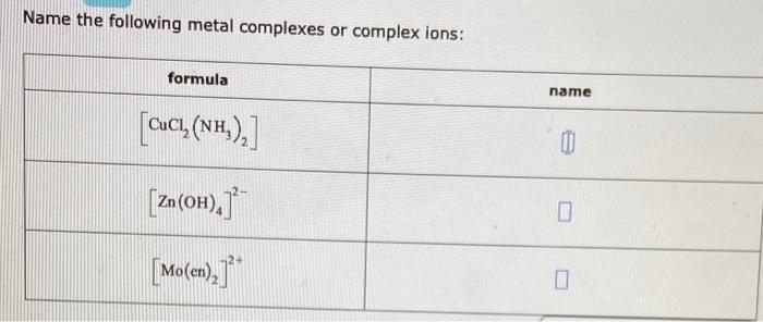 Solved Name the following metal complexes or complex ions: | Chegg.com