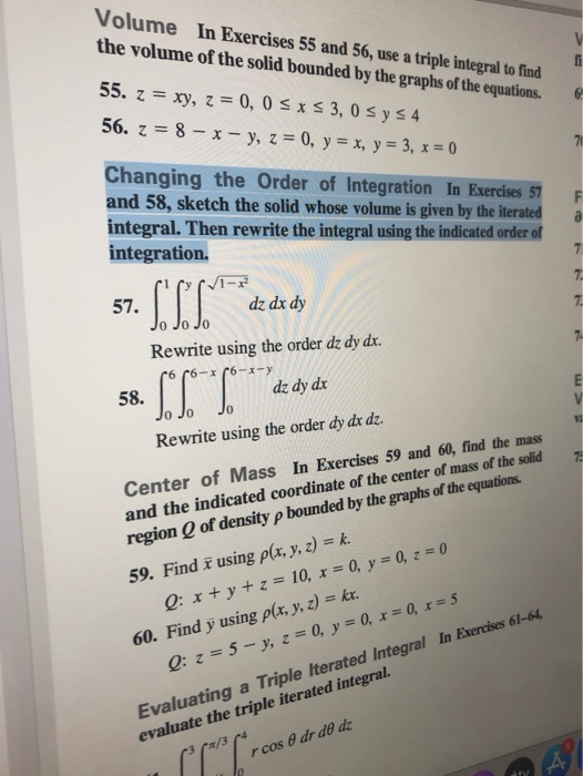 Solved Volume In Exercises 55 and 56, use a triple integral | Chegg.com