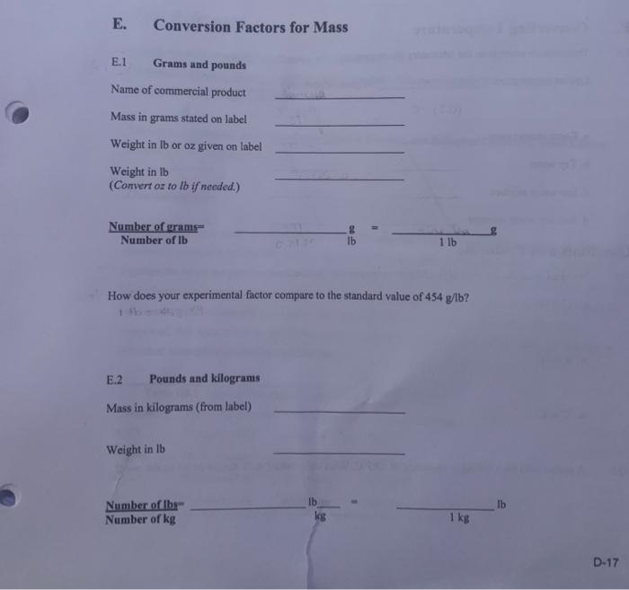 E. Conversion Factors for Mass Materials: Commereial | Chegg.com