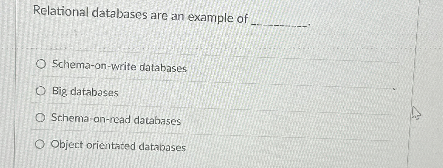 Solved Relational databases are an example ofSchema-on-write | Chegg.com