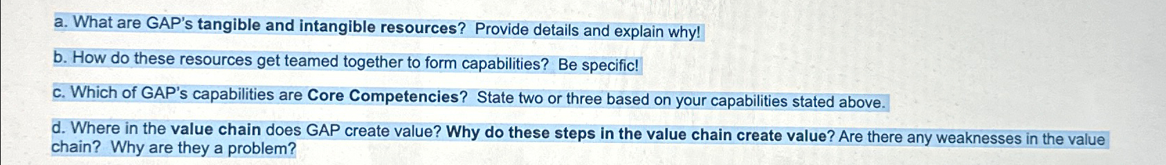 Solved a. ﻿What are GAP's tangible and intangible resources? | Chegg.com