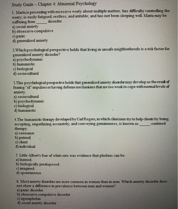 Solved Study Guide - Chapter 4: Abnormal Psychology 1. Marta | Chegg.com