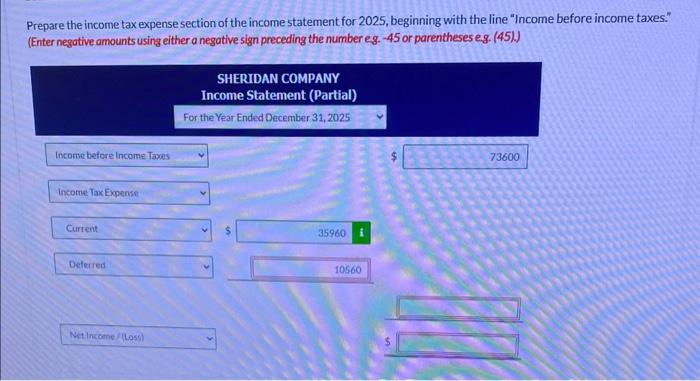 Solved Prepare the income tax expense section of the income | Chegg.com