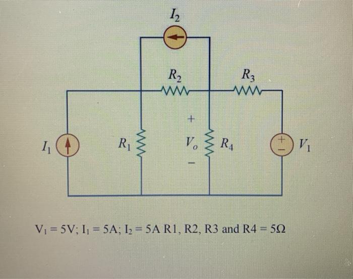 Solved 12 R2 R3 + + 1 R V. RA In V = 5V, I, = 5A; I2 = 5A | Chegg.com