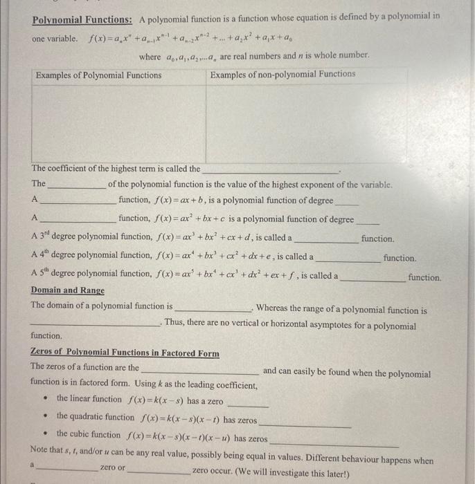 Solved Polynomial Functions: A polynomial function is a | Chegg.com