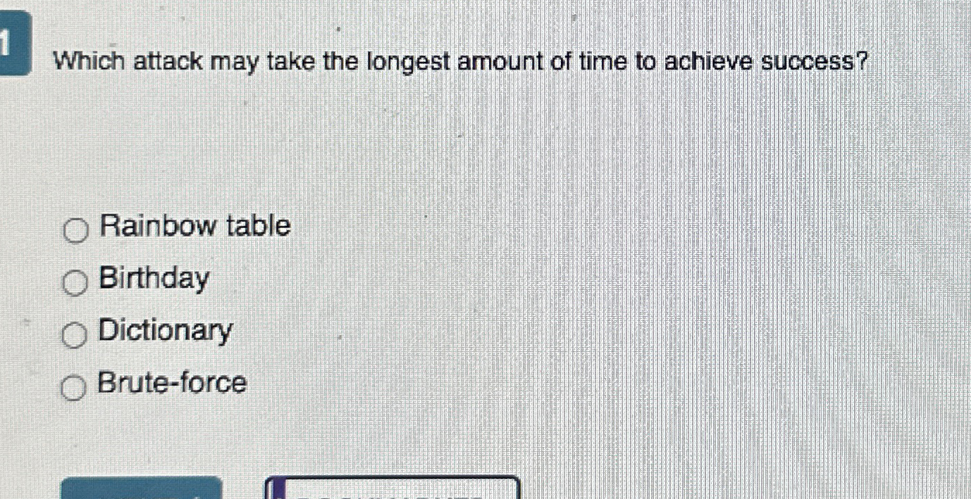 Solved Which attack may take the longest amount of time to | Chegg.com