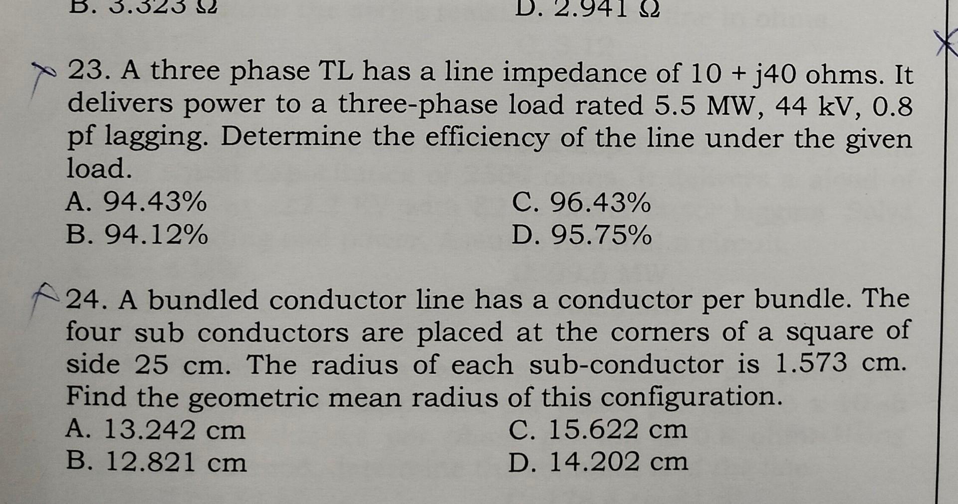 Solved 23. A three phase TL has a line impedance of | Chegg.com