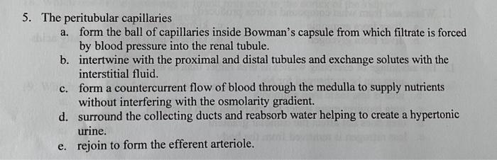 Solved 5. The peritubular capillaries a. form the ball of | Chegg.com