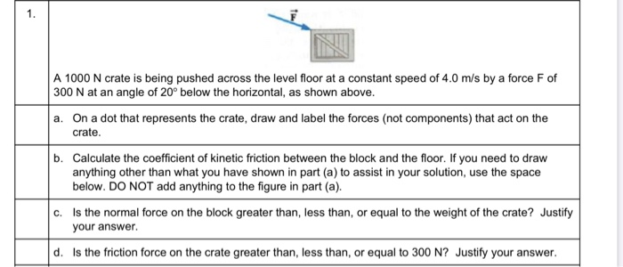 Solved A 1000 N crate is being pushed across the level floor | Chegg.com