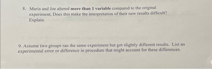 Solved 8. Maria and Joe altered more than 1 variable | Chegg.com