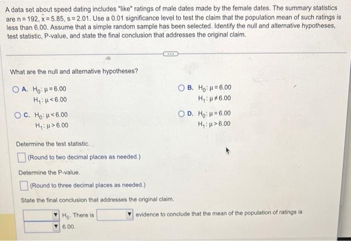 Solved A data set about speed dating includes "like" ratings | Chegg.com