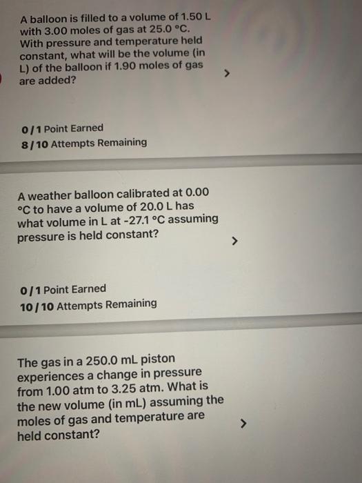 Solved A balloon is filled to a volume of 1.50 L with 3.00 | Chegg.com
