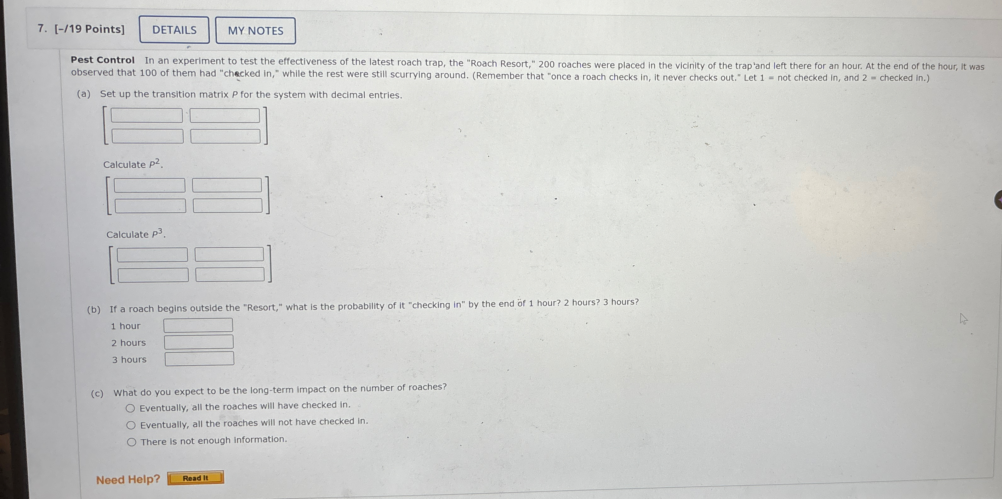 Solved [-/19 ﻿Points](a) ﻿Set up the transition matrix P | Chegg.com