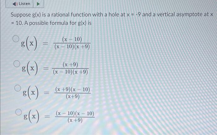 Solved Suppose g(x) is a rational function with a hole at | Chegg.com