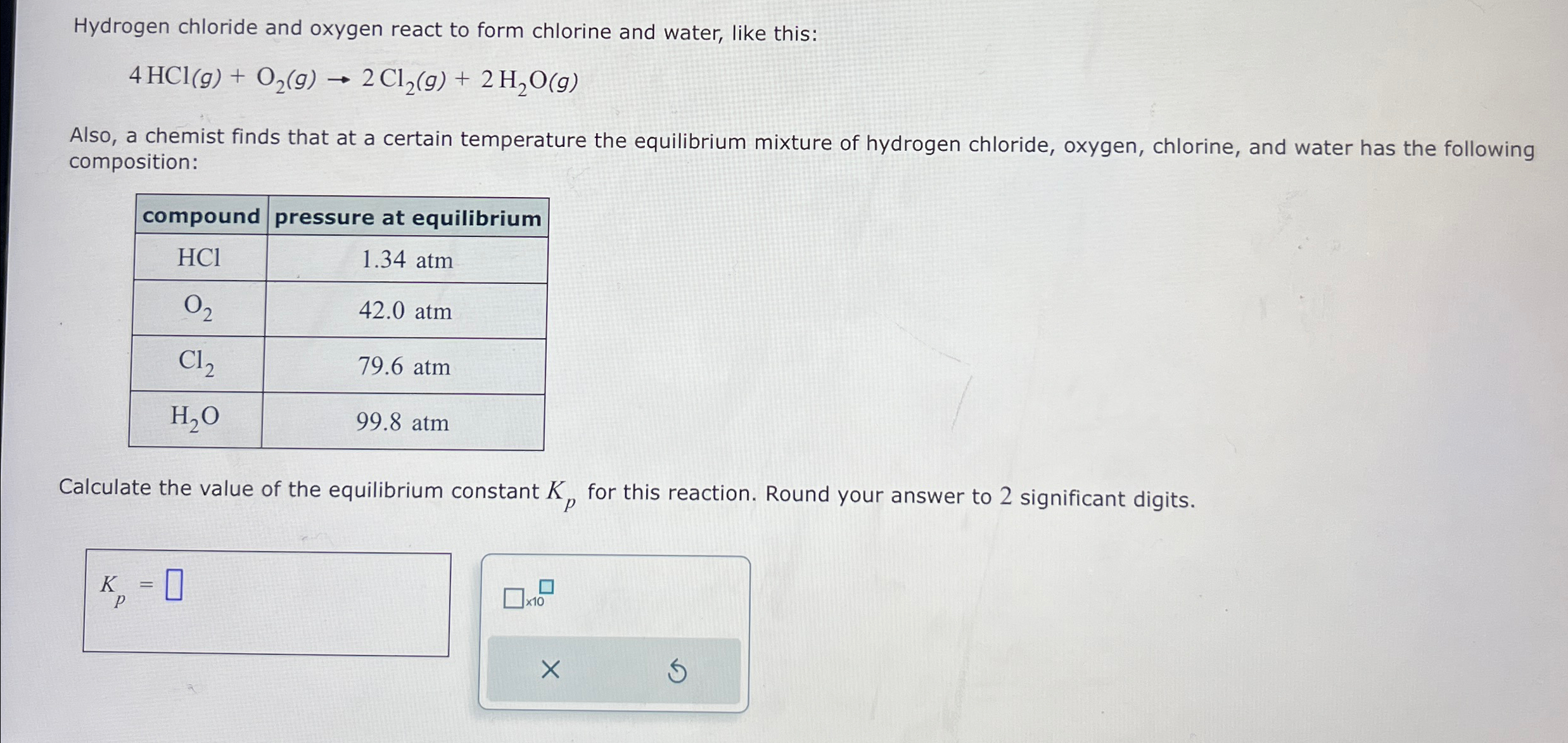 Solved Hydrogen chloride and oxygen react to form chlorine | Chegg.com