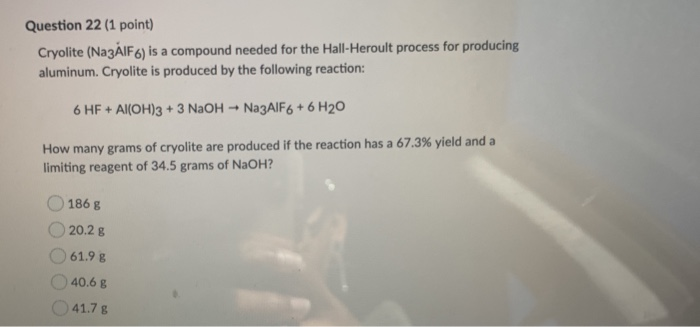 Solved Question 22 (1 point) Cryolite (Na3AlF6) is a | Chegg.com