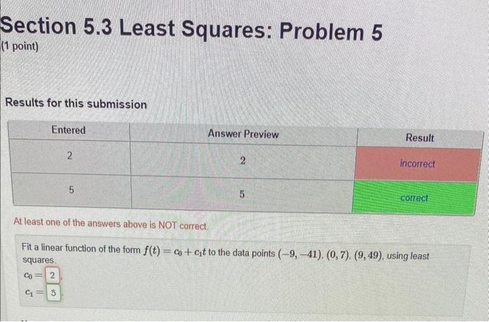 Solved Section 5.3 Least Squares: Problem 5 (1 point) | Chegg.com Solved Section 5.3 Least Squares: Problem 5 (1 point) | Chegg.com