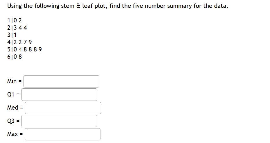 Solved Using the following stem & leaf plot, find the five | Chegg.com