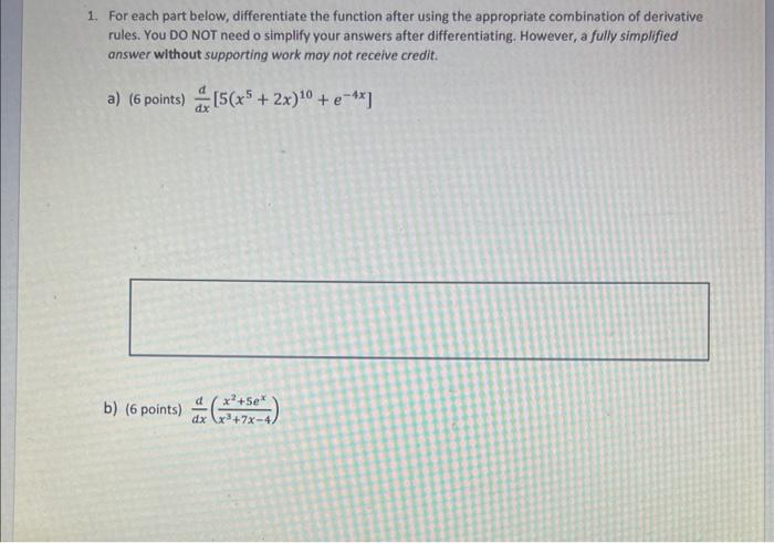 Solved 1. For each part below, differentiate the function | Chegg.com