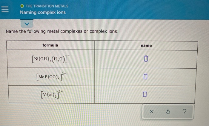 Solved O THE TRANSITION METALS Naming complex ions Name the | Chegg.com