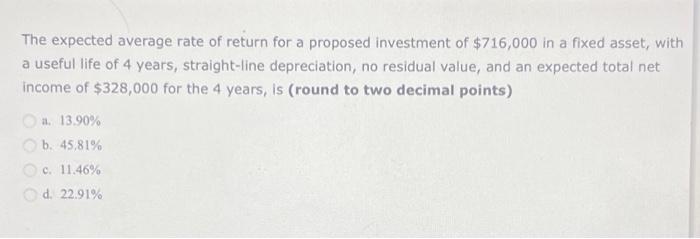 Solved The expected average rate of return for a proposed | Chegg.com