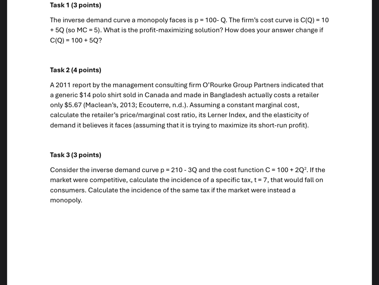 Solved Task 1 (3 ﻿points)The inverse demand curve a monopoly | Chegg.com