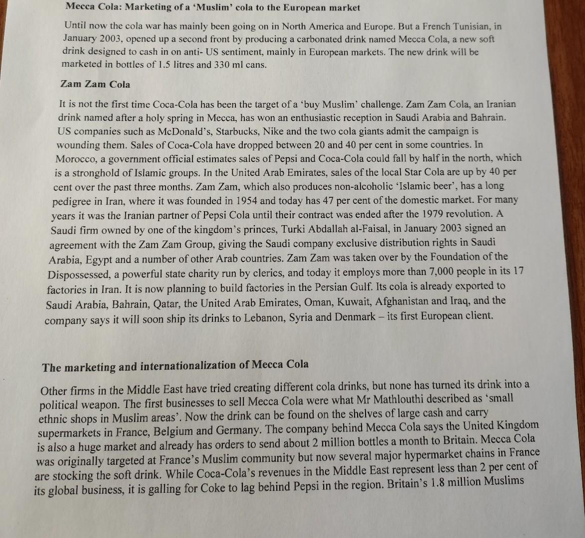 Solved Mecca Cola: Marketing of a 'Muslim' cola to the | Chegg.com