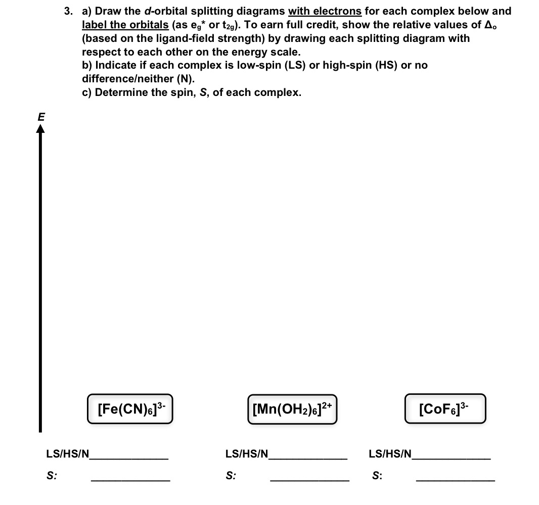 Solved 3. ﻿a) ﻿Draw the \( ﻿d \)-orbital splitting diagrams | Chegg.com