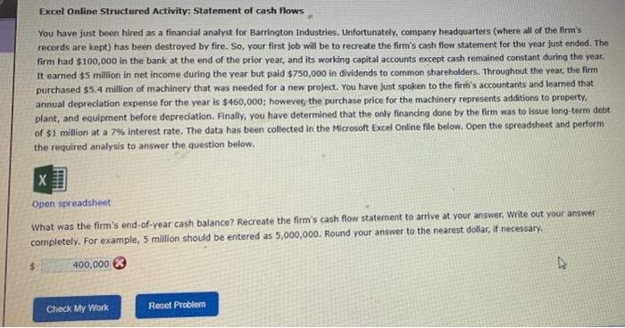 Solved Excel Online Structured Activity: Statement of cash | Chegg.com