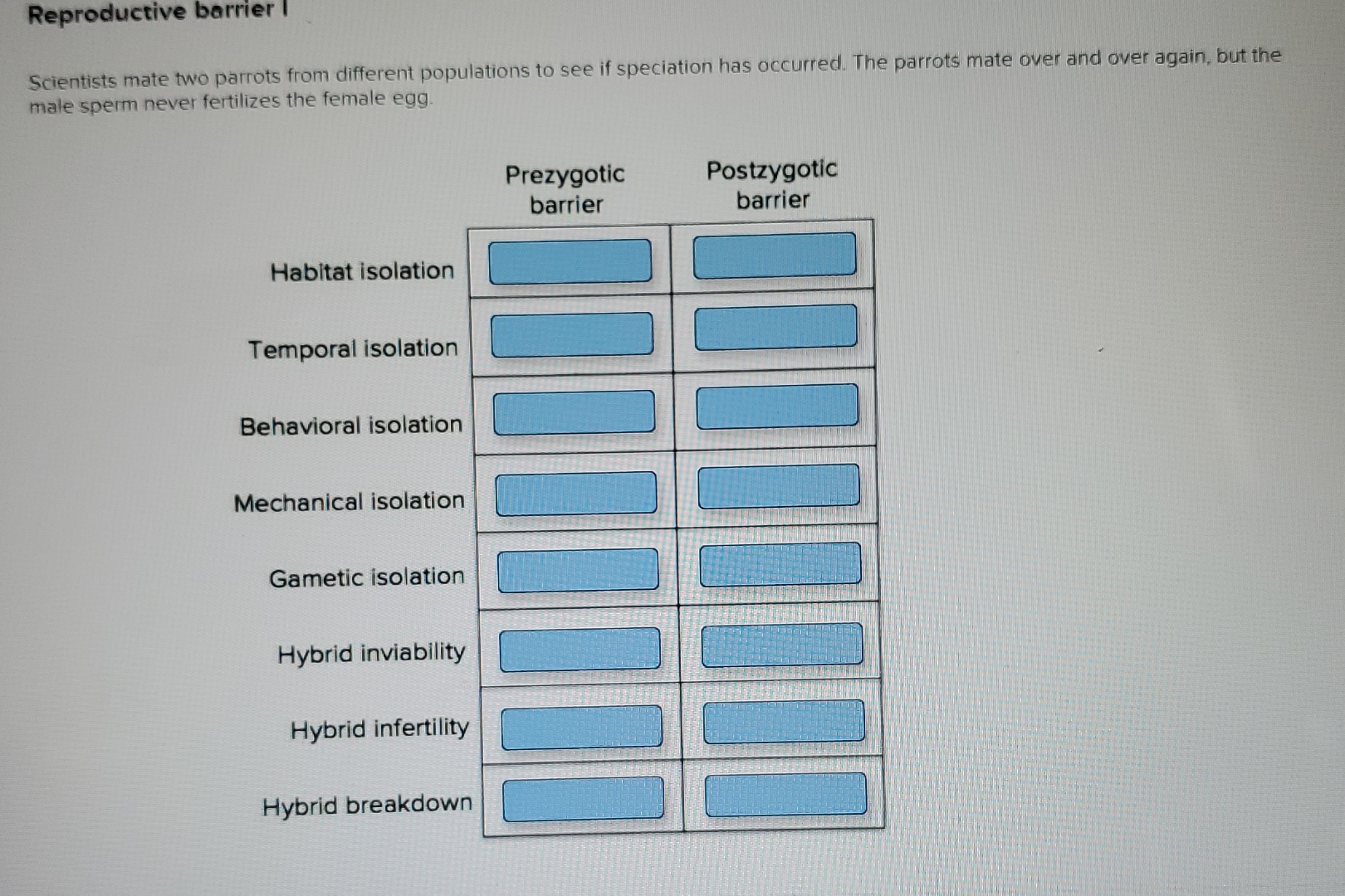 Solved Reproductive barrier IScientists mate two parrots | Chegg.com