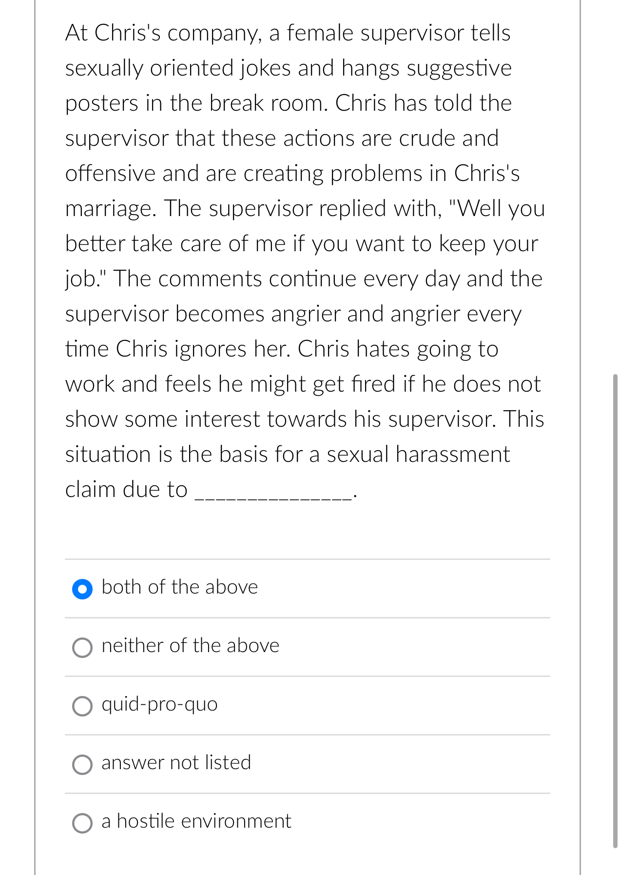 Solved At Chris's company, a female supervisor tells | Chegg.com