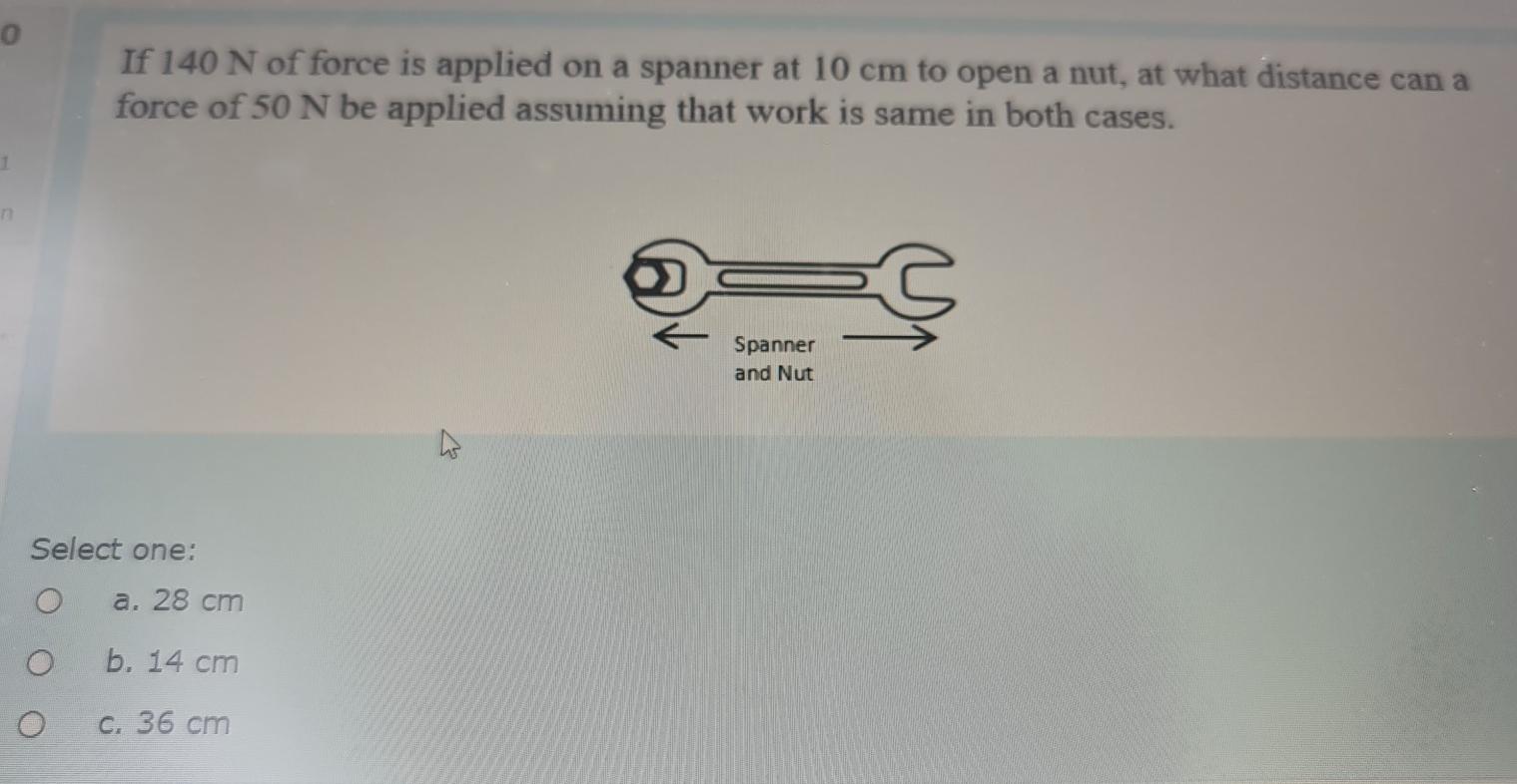 Solved 0 If 140 N of force is applied on a spanner at 10 cm | Chegg.com