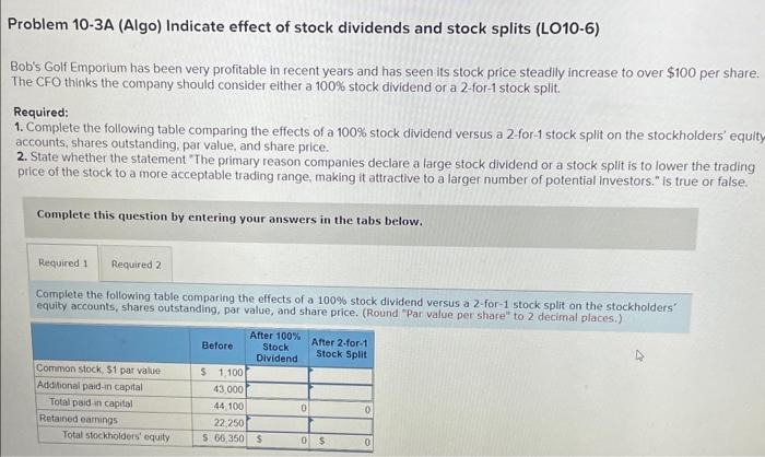 Solved Problem 10-3A (Algo) Indicate effect of stock | Chegg.com