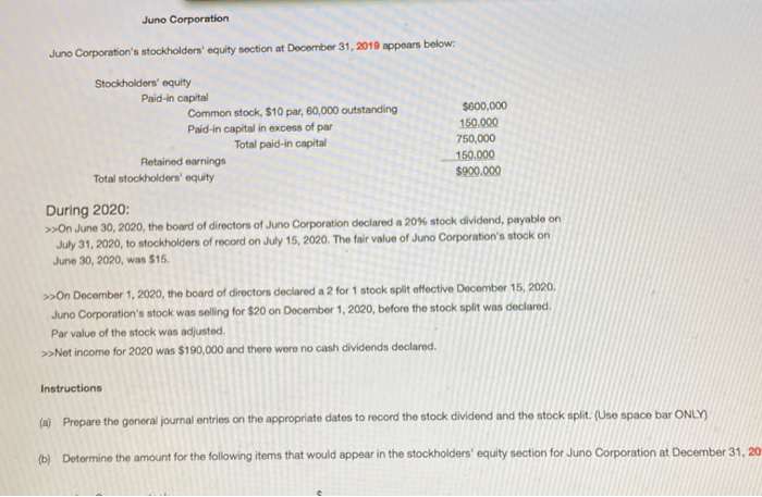 Solved Juno Corporation Juno Corporation's stockholders' | Chegg.com