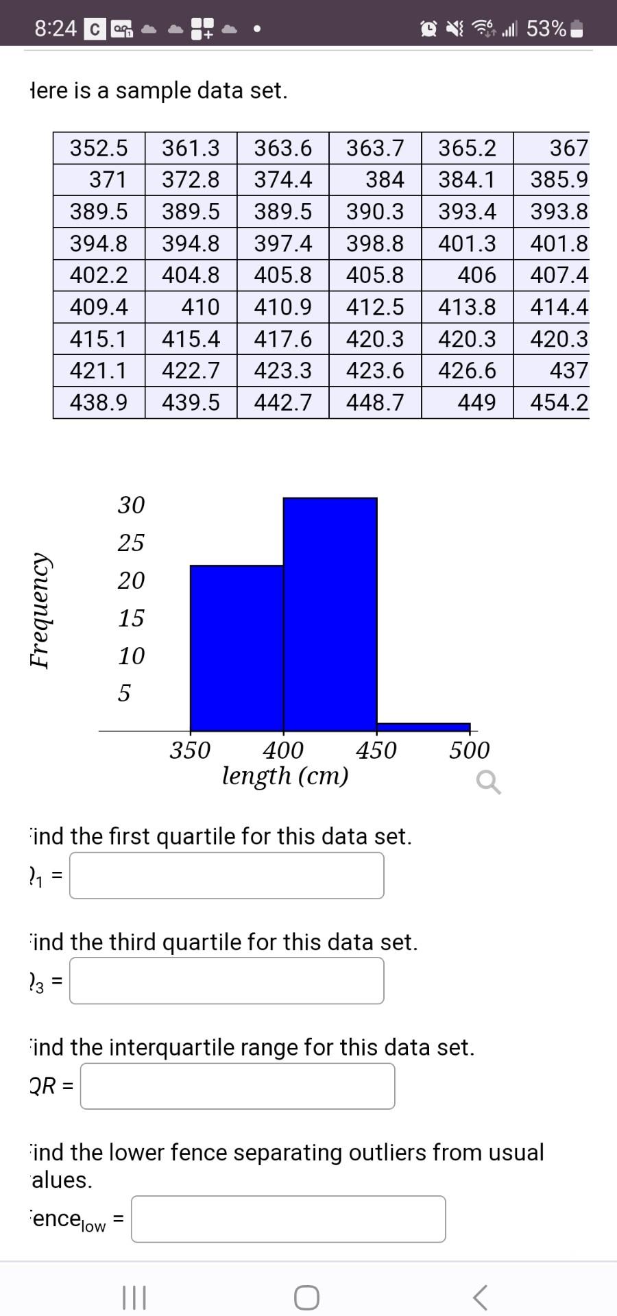 Solved lere is a sample data set. ind the first quartile for | Chegg.com