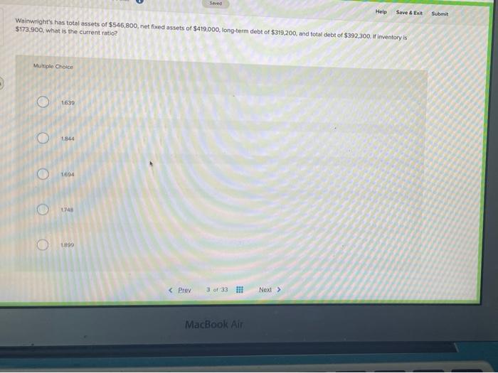 Solved Seved Help Save & Exit Submit Wainwright's has total | Chegg.com