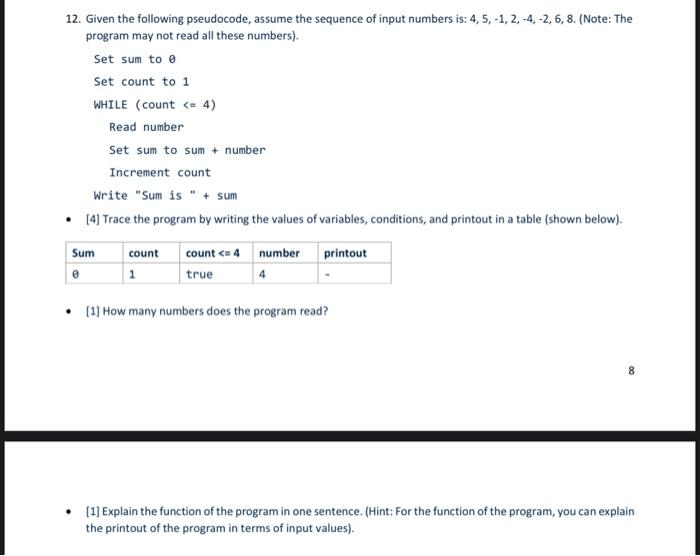 Solved 12. Given the following pseudocode, assume the | Chegg.com
