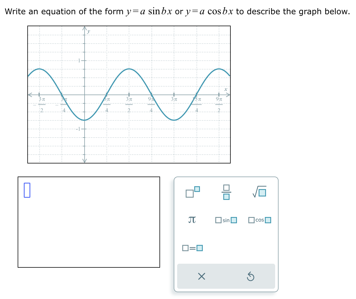 Solved Write an equation of the form y=asinbx or y=acosbx to | Chegg.com