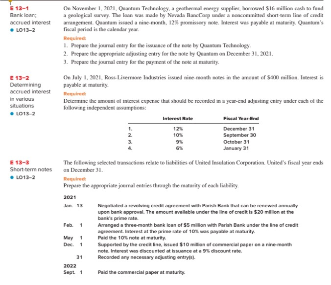 Solved E 13-1 Bank loan; accrued interest • LO13-2 E 13-2 | Chegg.com