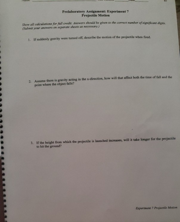 Solved Prelaboratory Assignment: Experiment 7 Projectile | Chegg.com