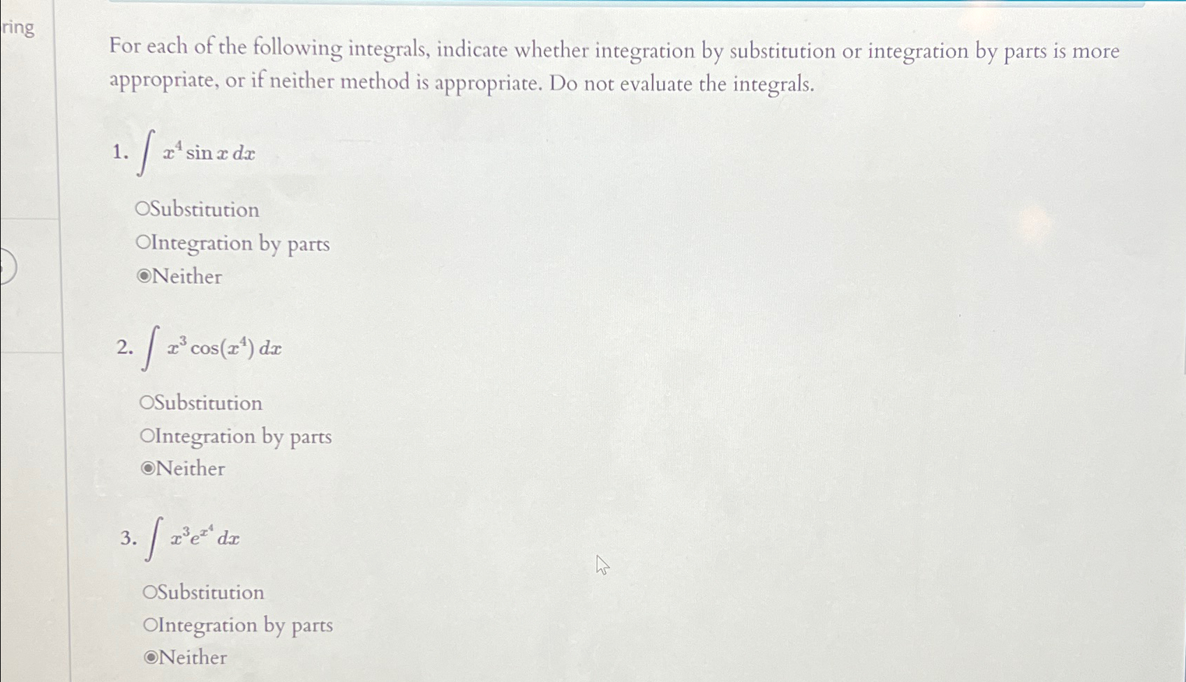 Solved For each of the following integrals, indicate whether | Chegg.com