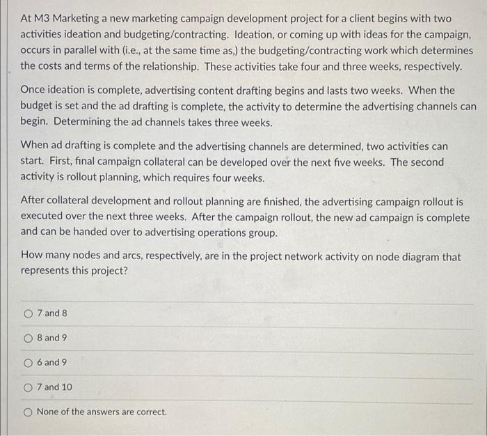 Solved At M3 Marketing a new marketing campaign development | Chegg.com