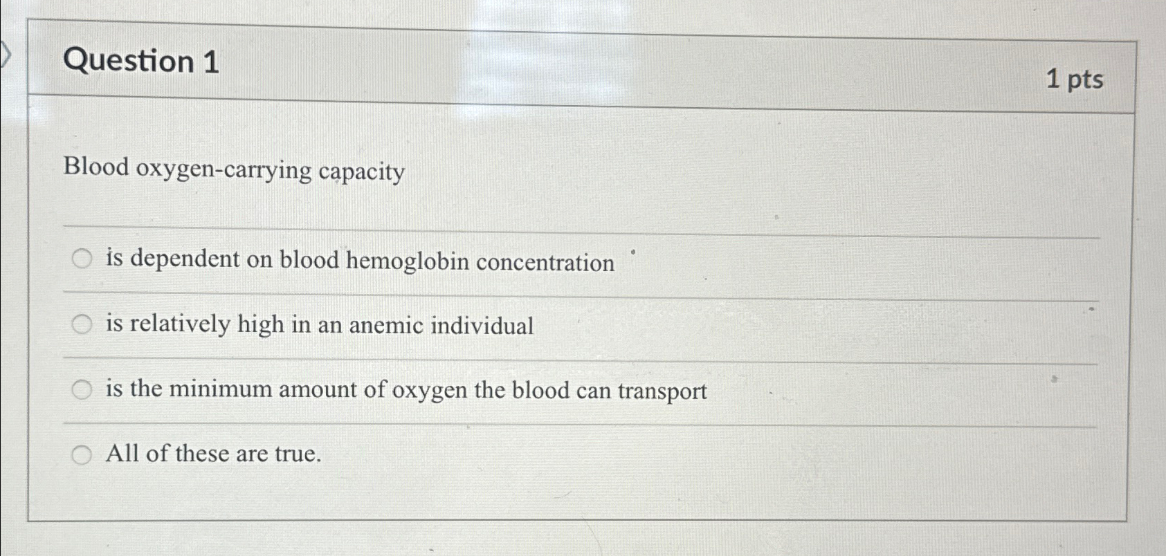 Solved Question 11ptsBlood oxygen-carrying capacityq, ﻿is | Chegg.com